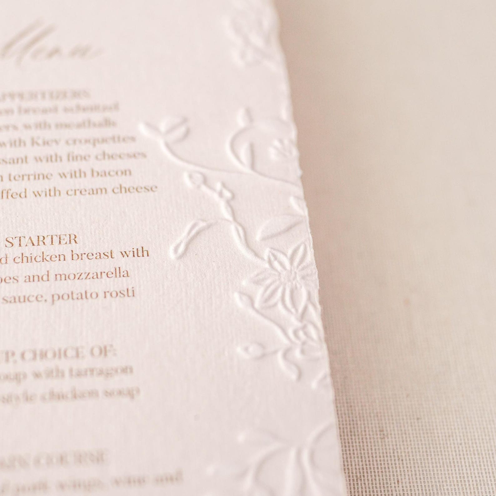Real Gold Foil Embossed Wedding Menu – Elegant Floral Raised Design on ...
