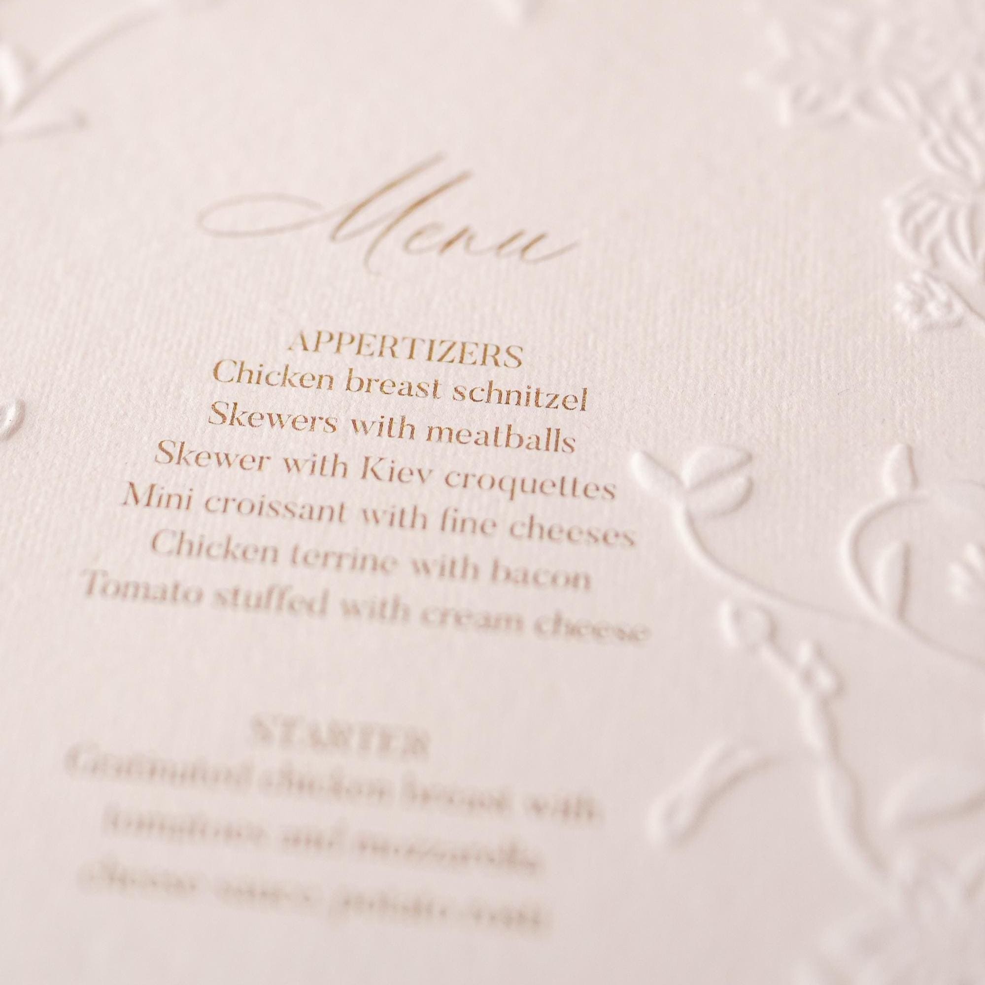Real Gold Foil Embossed Wedding Menu – Elegant Floral Raised Design on ...