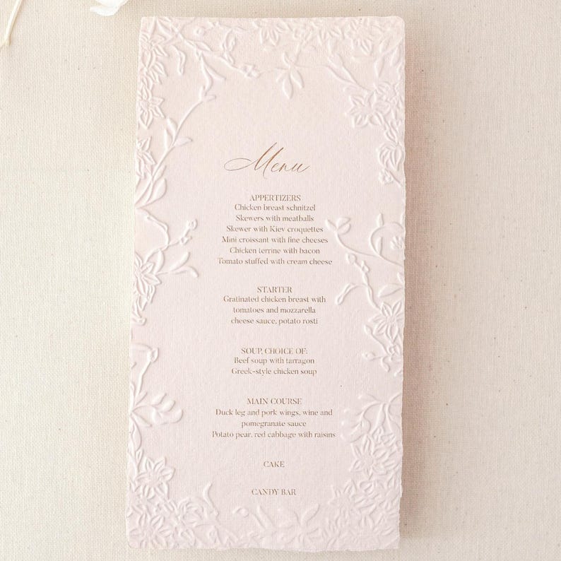 Luxury Embossed Wedding Menu – Elegant Floral Raised Design on Handmade ...