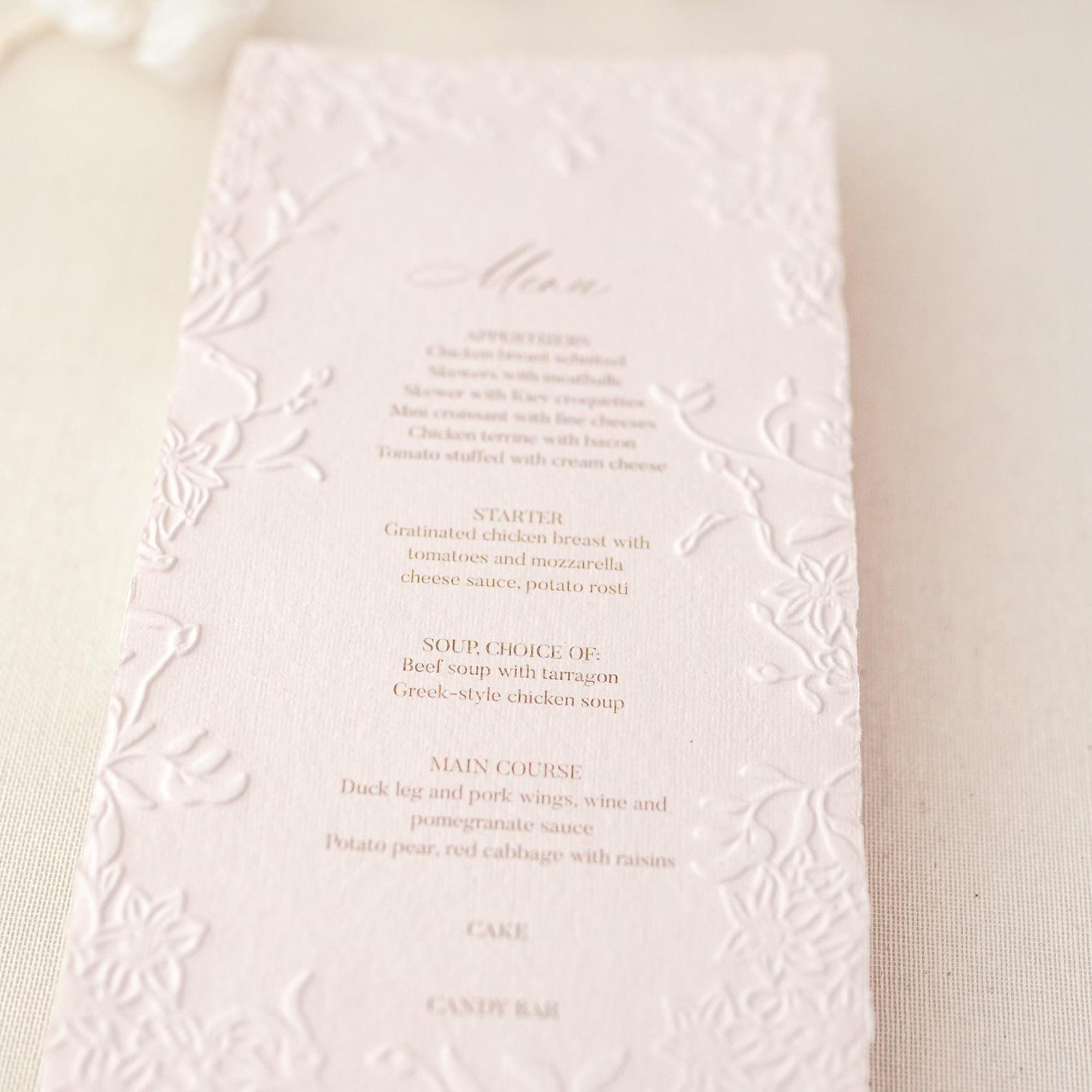 Real Gold Foil Embossed Wedding Menu – Elegant Floral Raised Design on ...
