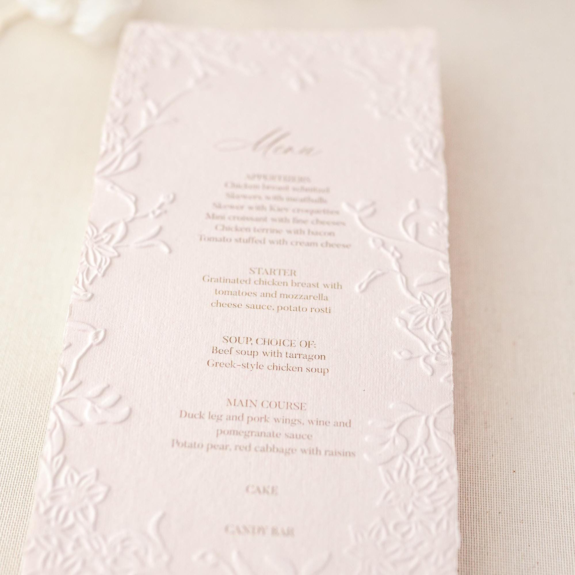 Real Gold Foil Embossed Wedding Menu – Elegant Floral Raised Design on ...