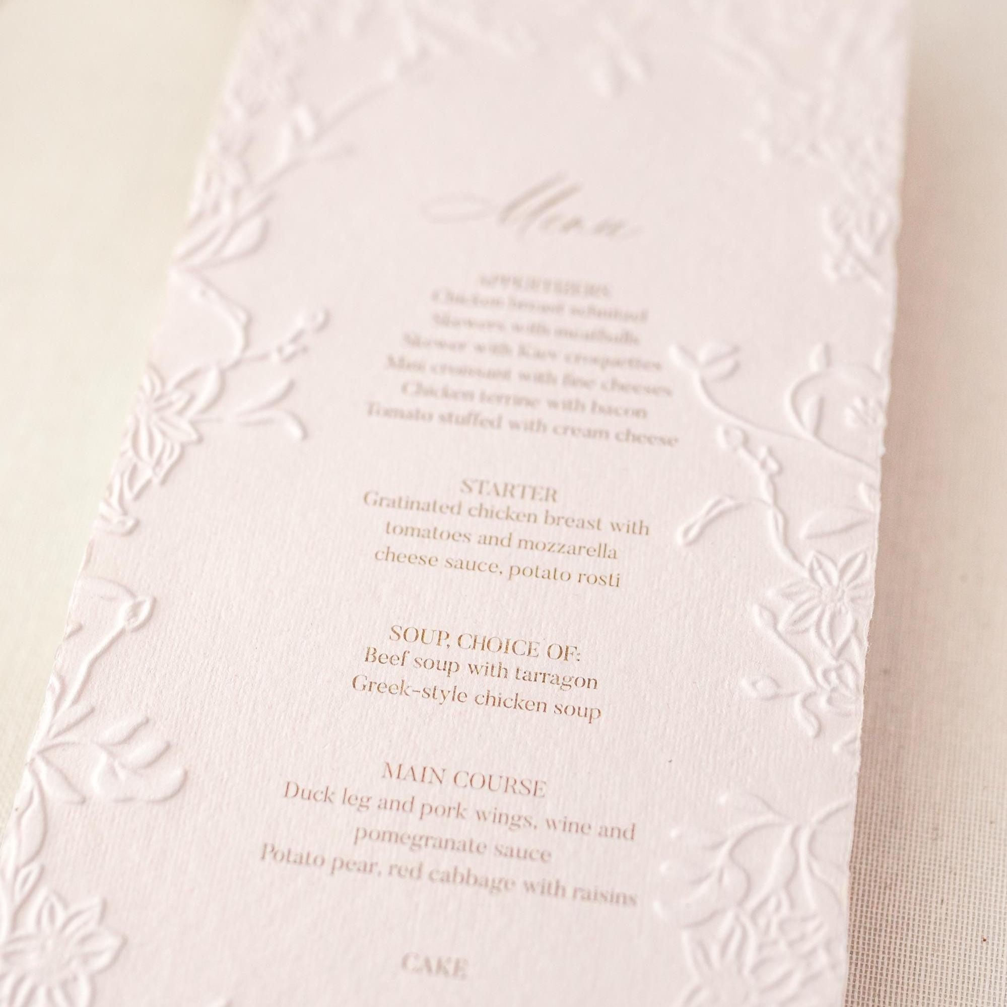 Real Gold Foil Embossed Wedding Menu – Elegant Floral Raised Design on ...