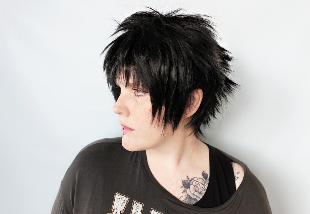 Short Black Wig · Emo Goth Unisex Hair Piece - Men's Women's Spiky ...