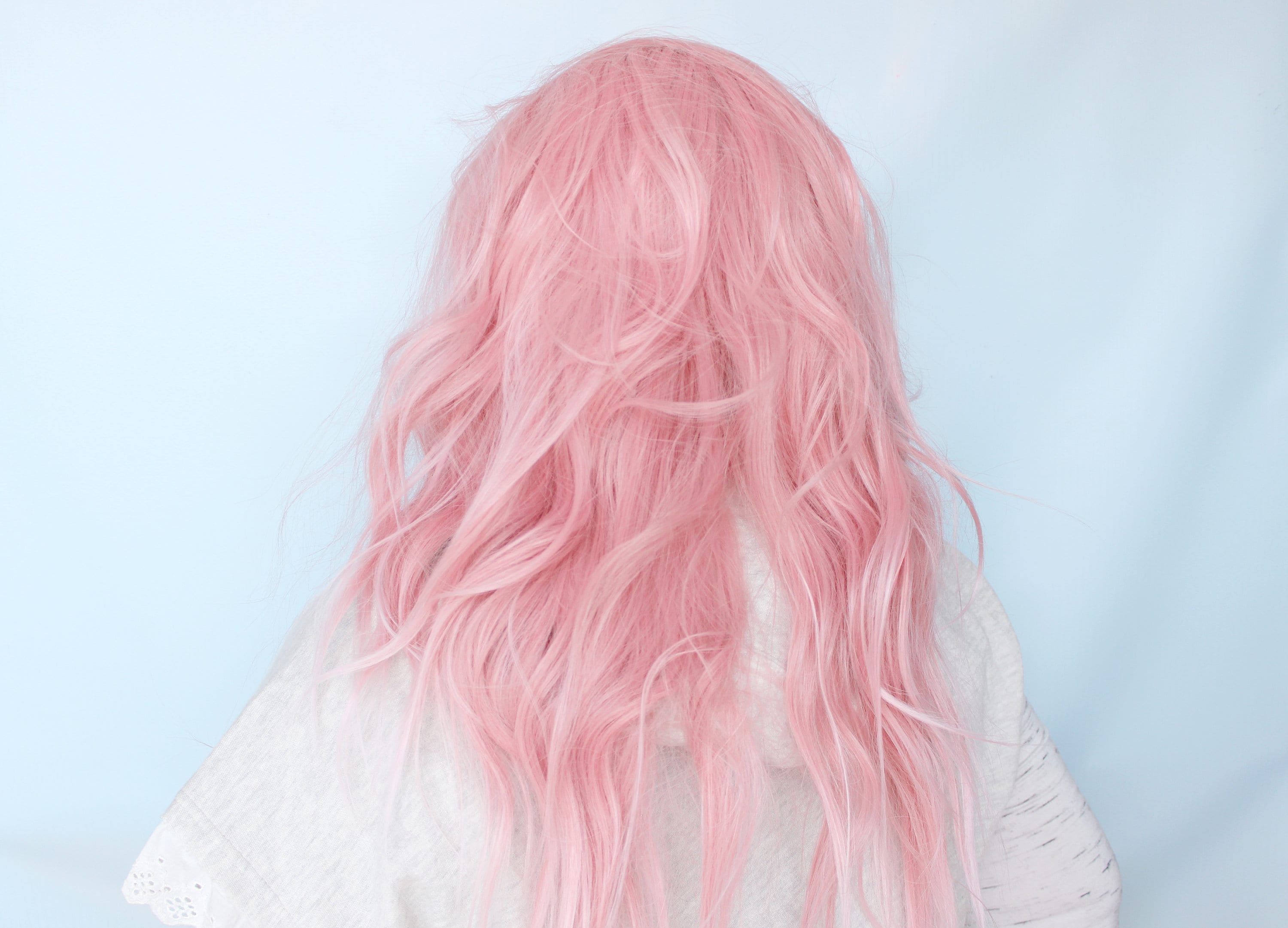 Long Pink Wig · Wavy Raspberry Synthetic Hair Piece With Bangs ...