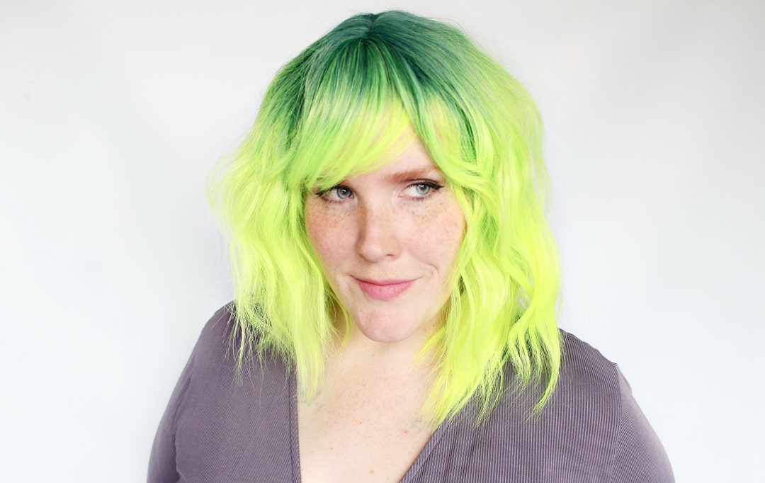Neon Green Wig, Wavy Green Wig, Cyber Goth Wig, Scene Emo Wig ...