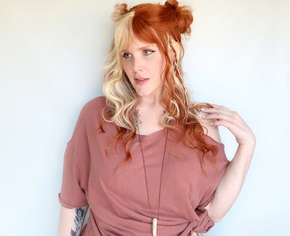 Red Blonde Wig Wavy Long Ginger Orange Copper Platinum Glueless Hair Piece With Bangs Two Tone Split Color Etsy