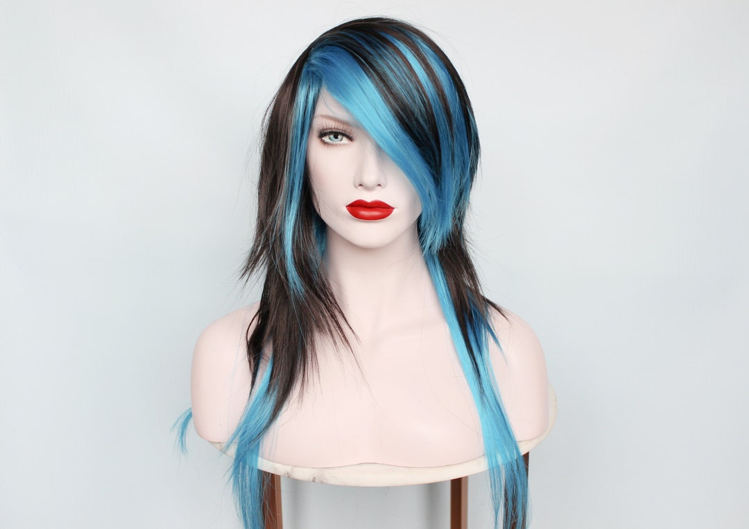 Scene Emo Wig, Black Scene Wig, Straight Emo Wig, Long Black Blue Wig ...