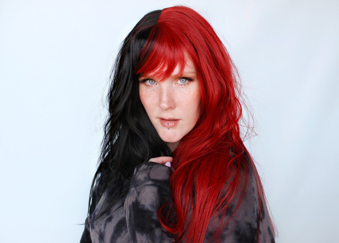 Black Red Wig, Long Wig, Emo Wig, Straight Black Red Wig -- Electric Storm - Etsy