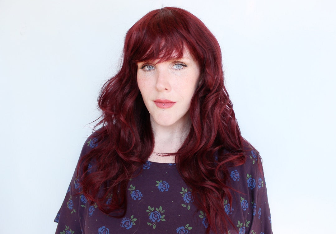 Red Human Hair Wig · 24" Burgundy Wavy Glueless Unit With Bangs - Etsy