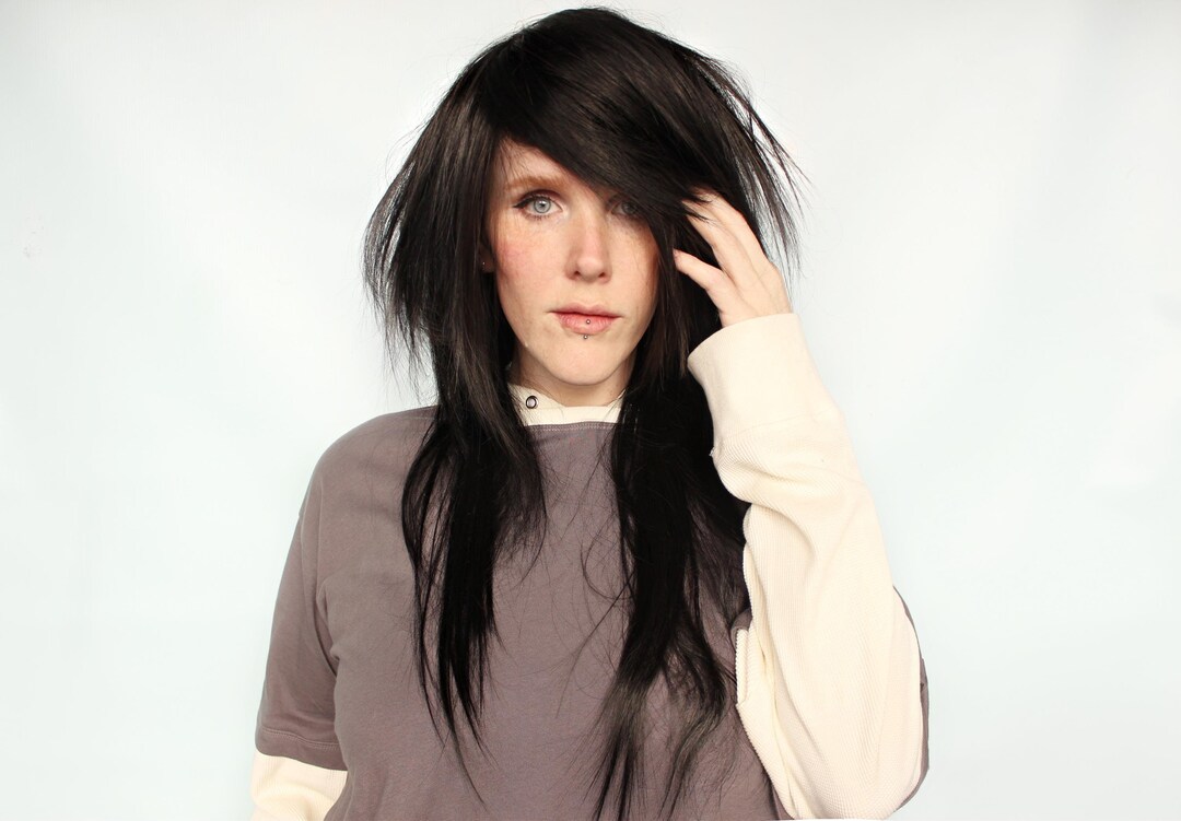 Black Scene Emo Wig Straight Long Hair Piece For Punk Emo Goth