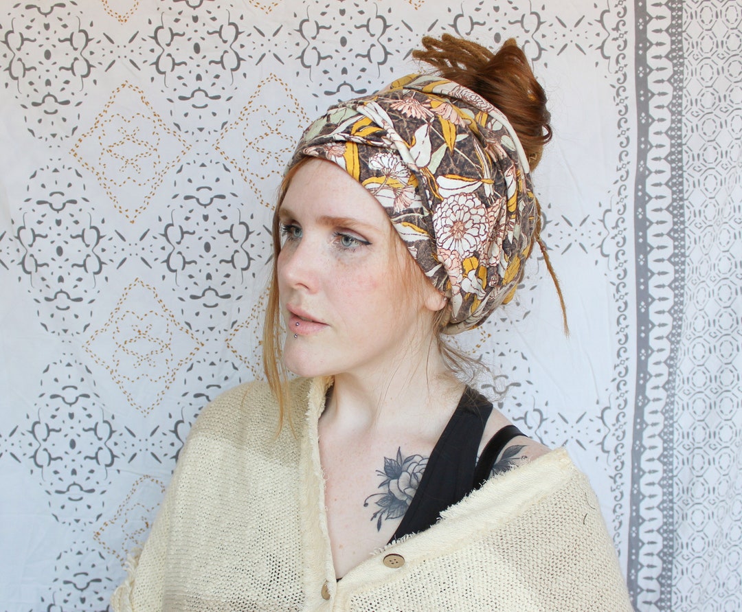 Wide Dreadlock Hair Wrap, Floral Headband Scarf Belt, Brown Yellow Boho ...