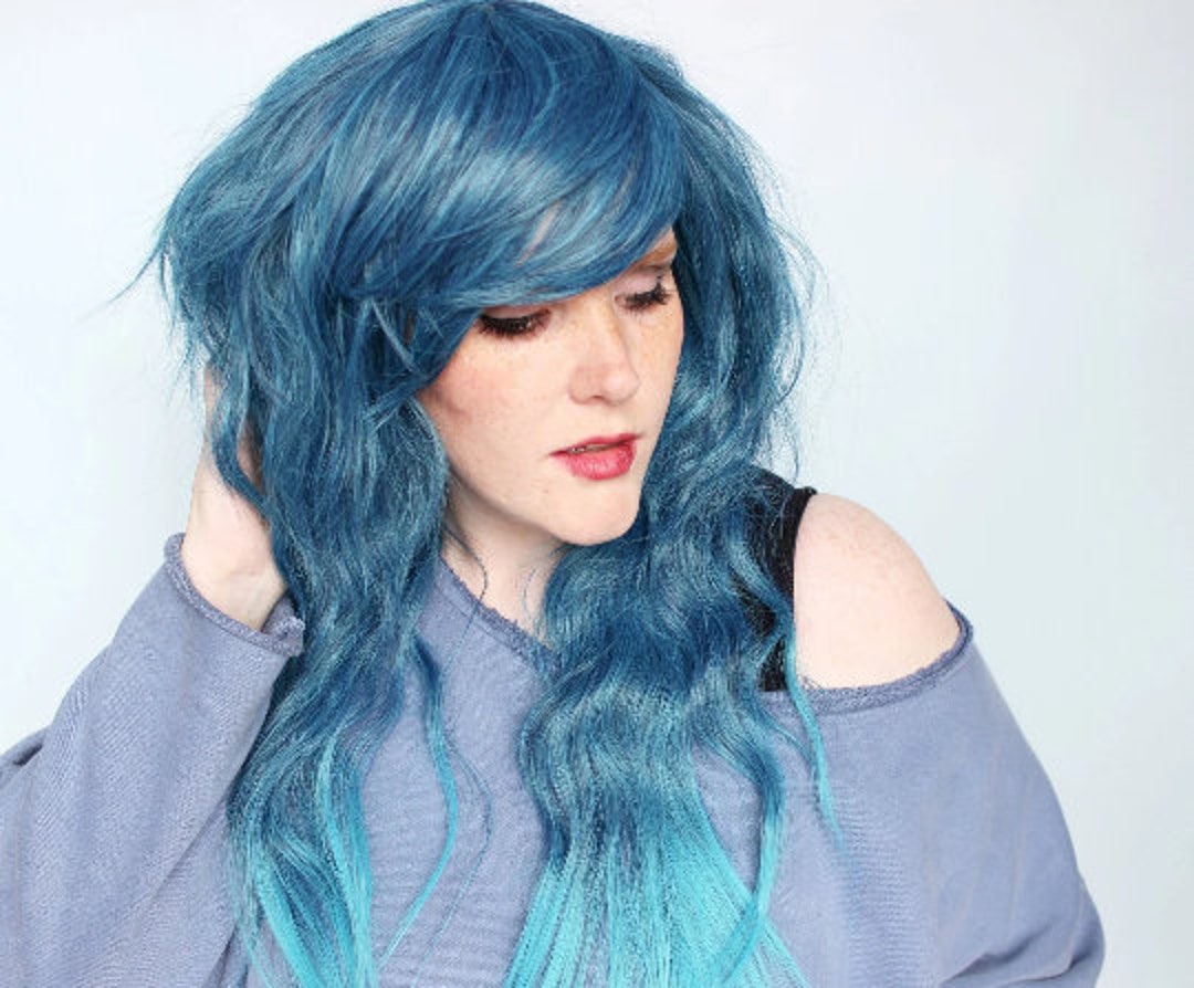 Long Blue Wig, Wavy Blue Wig, Blue Scene Emo Wig, Halloween Wig, Blue ...