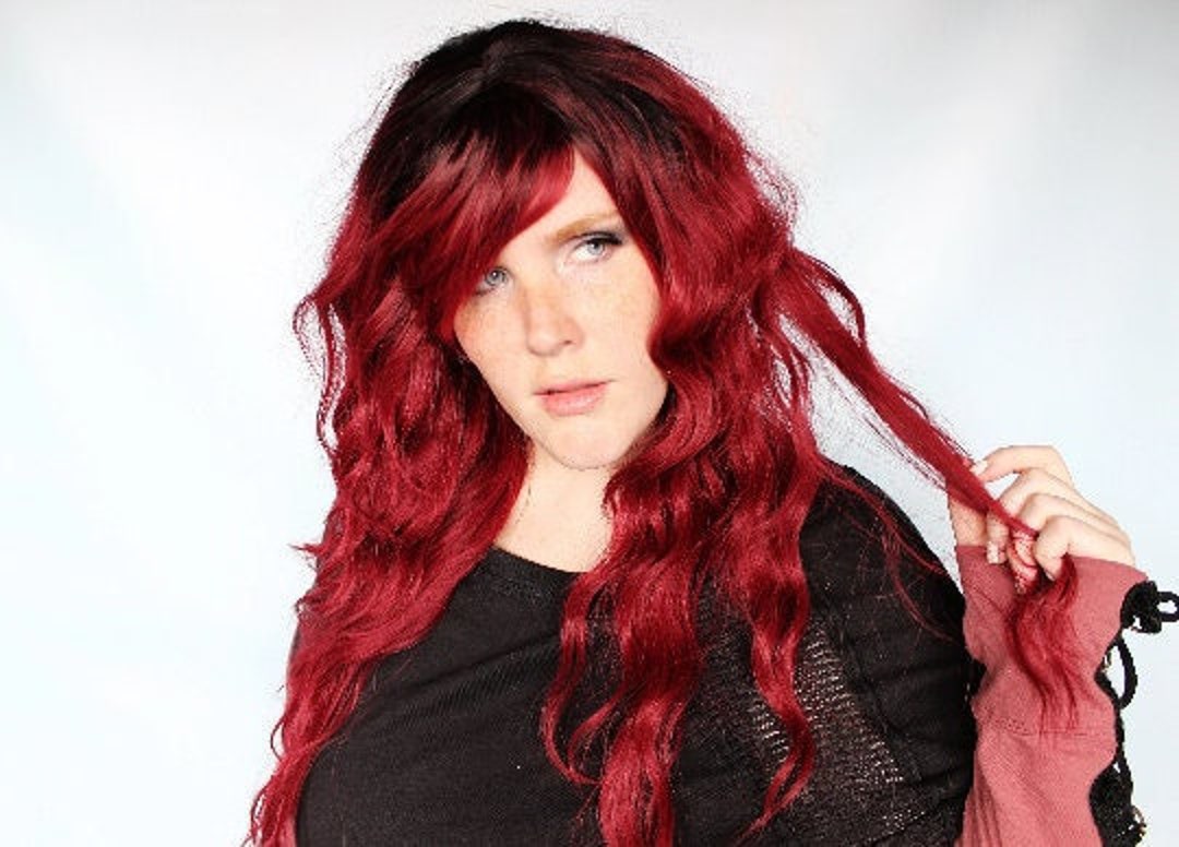 Long Red Wig, Wavy Red Wig, Dark Red Wig, Gothic Wig, Goth Wig -- Red ...