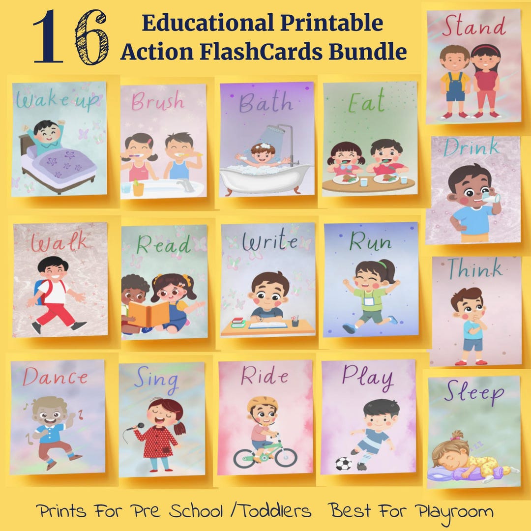 16 Action Verbs Flashcards Printable, Educational Action Word Cards ...