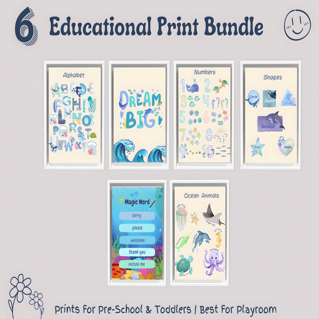 Set of 6 Ocean Animals Poster, Montessori Educational Posters Material ...