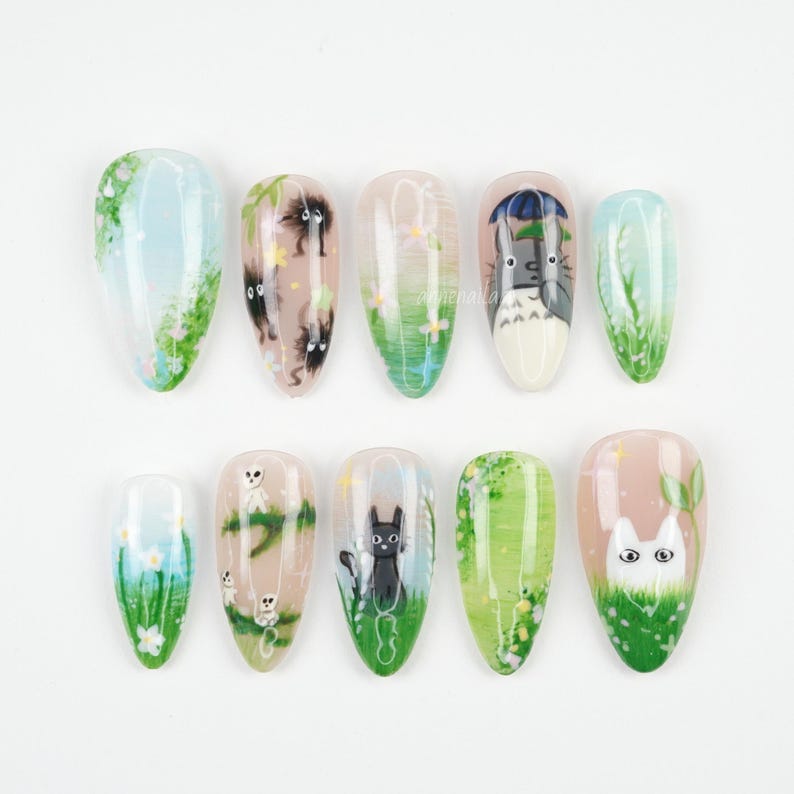 Ghibli Forest Art Press on Nails, Anime Character Nails, Nature Nail ...