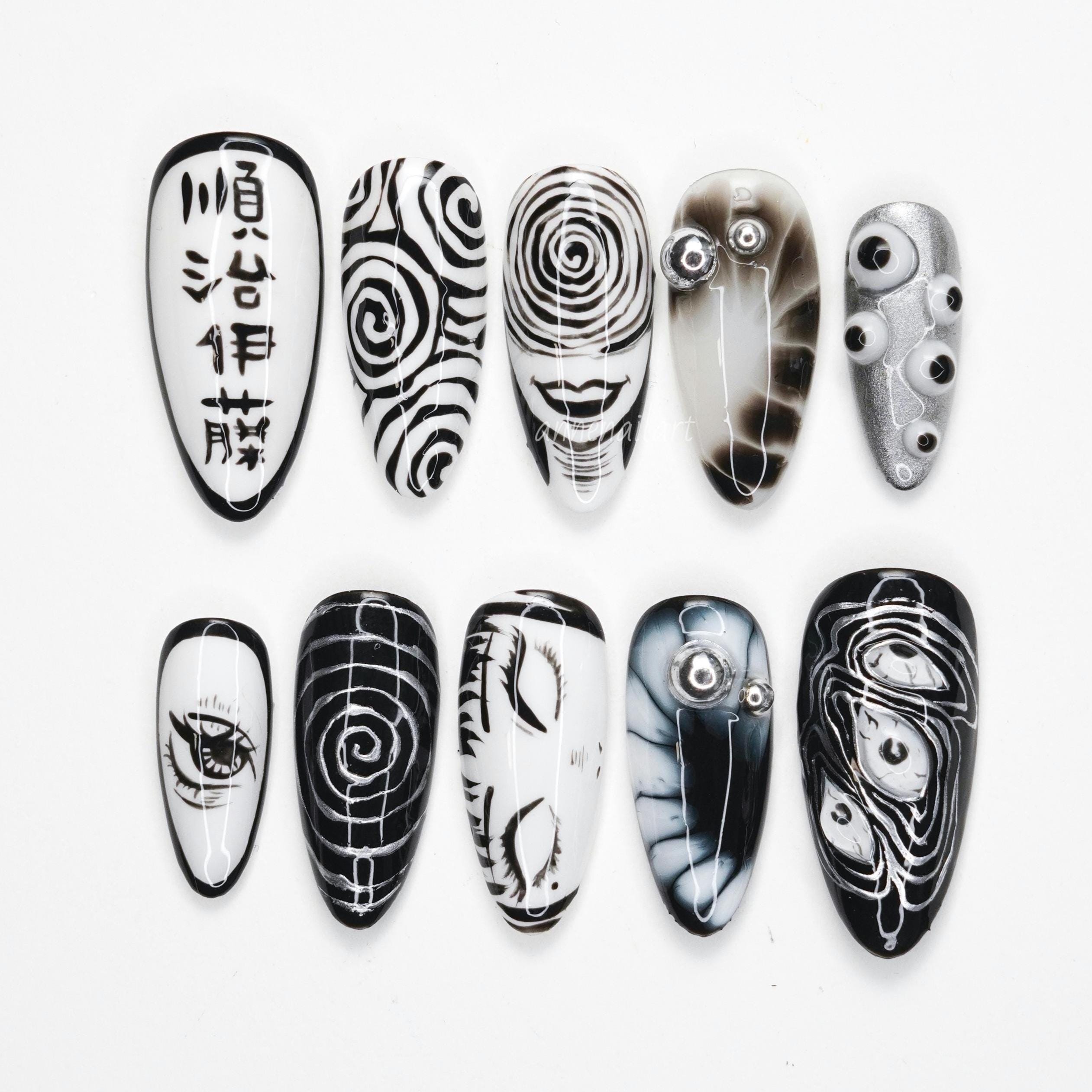Junji Ito Horror Press on Nails, Uzumaki Spiral Art, Creepy Eye Design ...