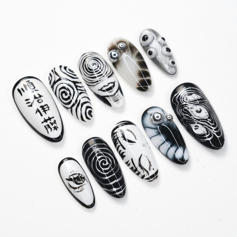 Junji Ito Horror Press on Nails, Uzumaki Spiral Art, Creepy Eye Design ...