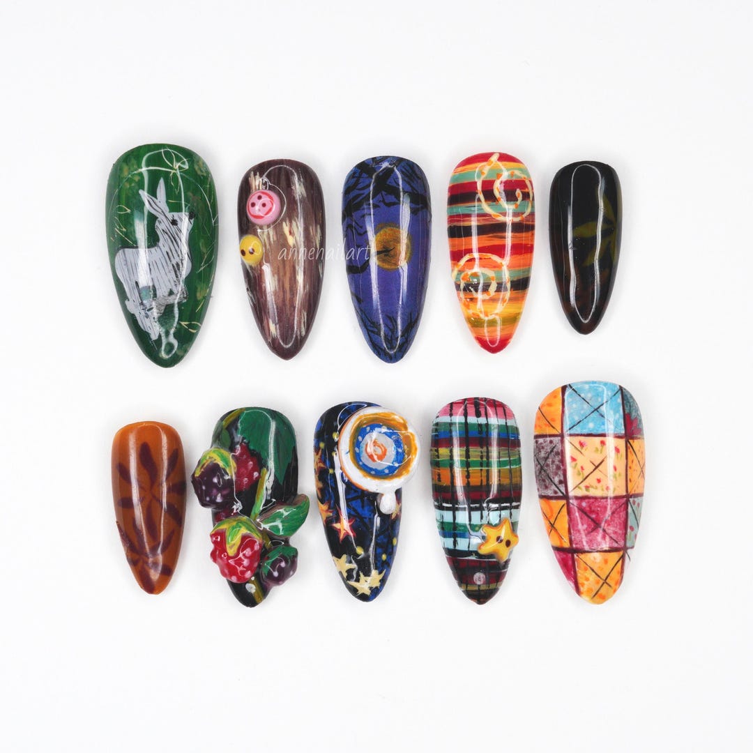 Eclectic Art Design Press on Nails, Whimsical Nail Art, Hand Painted ...