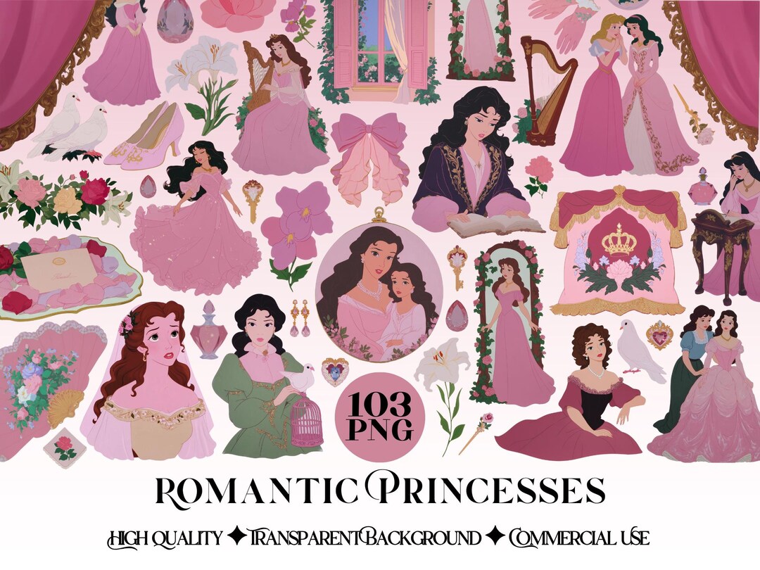 Romantic Princess Clipart | Pink Fairy Tale PNG Bundle | Princess Clip ...