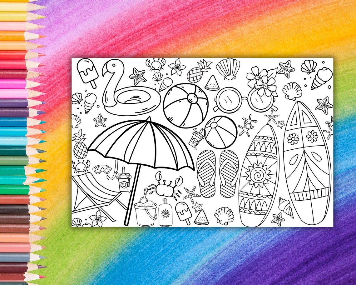 Summer Coloring Page: Beach Party Activity for Kids (PDF Download, 11x8 ...