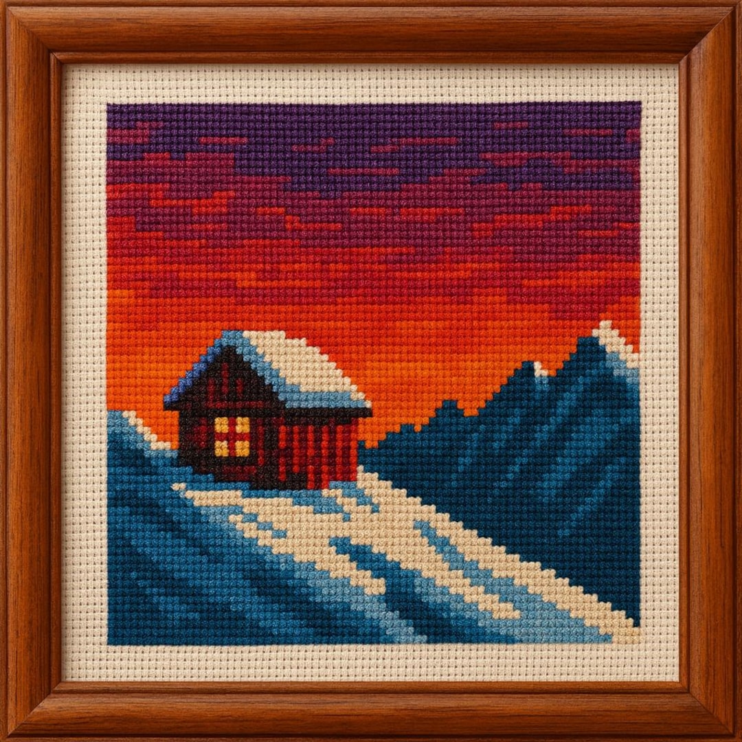 Winter Mountain Cabin Cross Stitch Pattern: Sunset Landscape (PDF ...