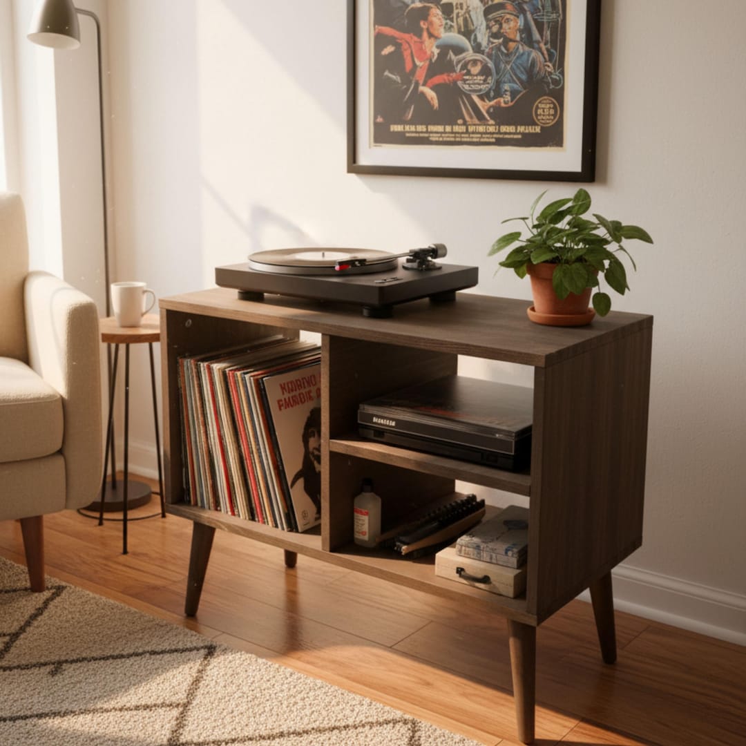 Handmade Wooden Record Player Stand: Mid-century Modern Vinyl Storage ...
