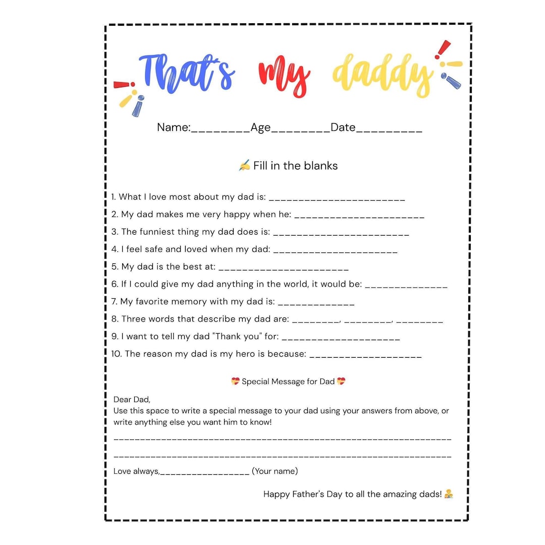 All About My Dad" Father's Day Questionnaire - Instant PDF Download ...