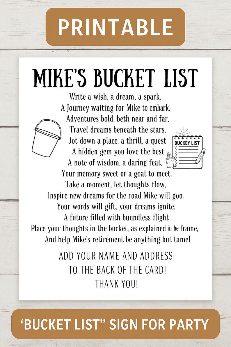 Editable Retirement Party Bucket List Sign - Canva Template | Digital ...