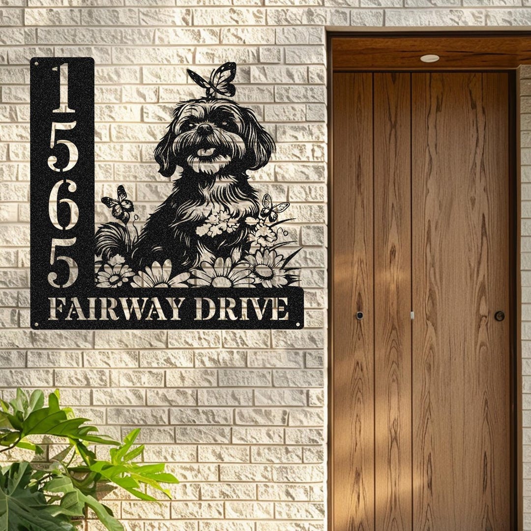 Personalized Shih Tzu Dog House Number, Shih Tzu Sitting With Butterfly ...