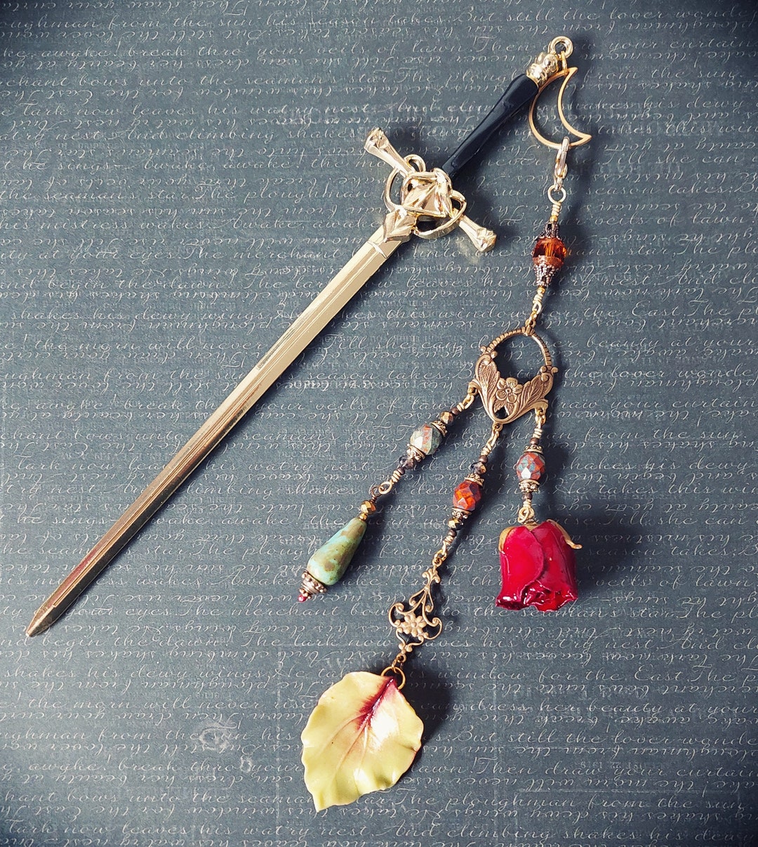 Golden Sword Hair Stick – Detachable Moon Charm With Rose Bud in Resin ...