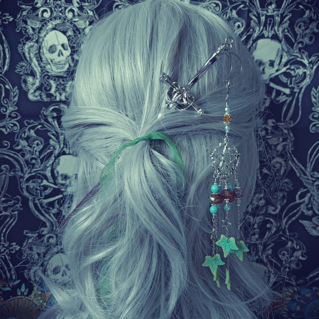 Silver Sword Hairpin With Moon and Pentacle, Glass Beads and Ivy Leaves ...