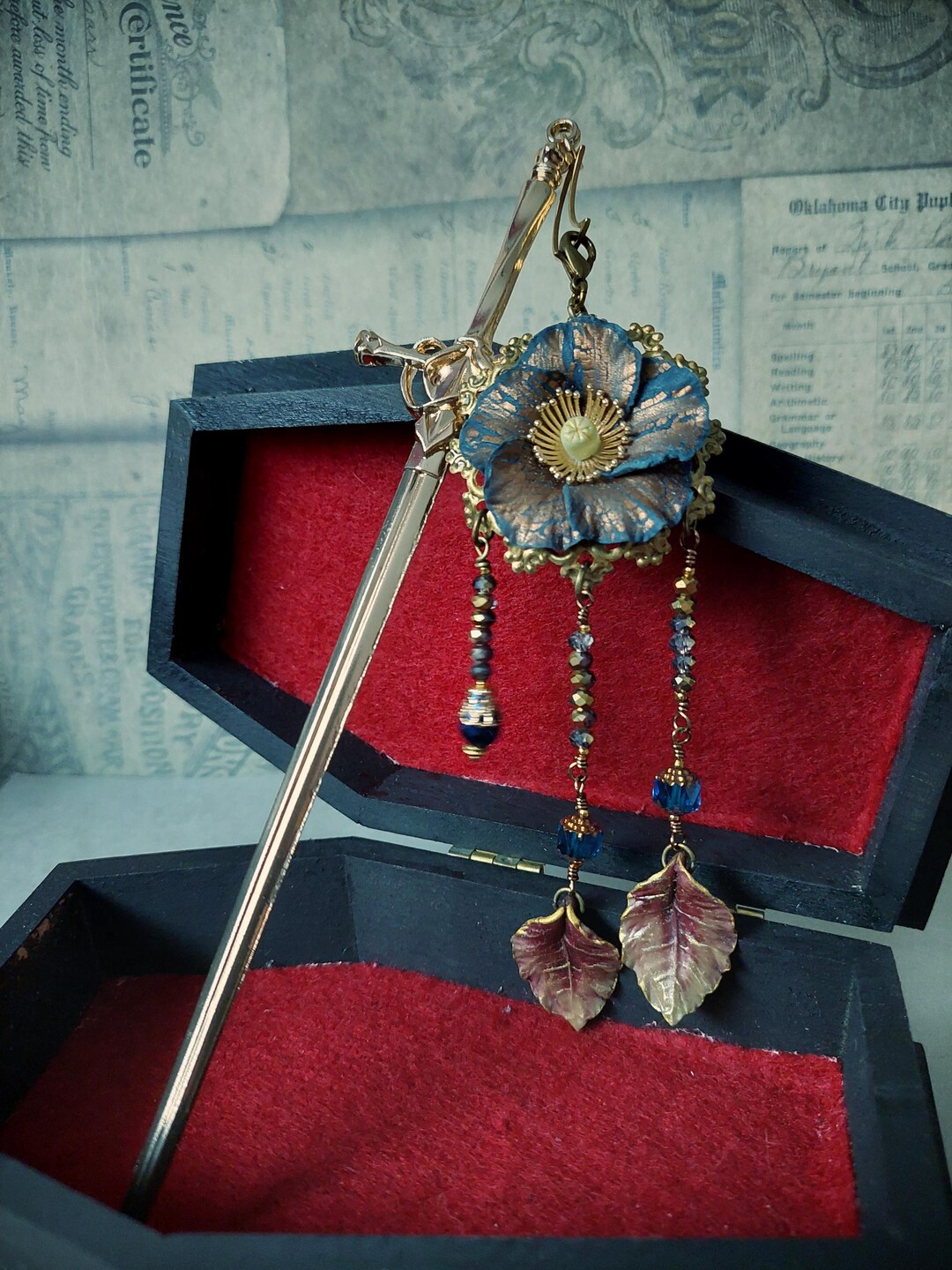 Golden Sword Hair Stick With Copper-blue Flower and Glass Beads ...