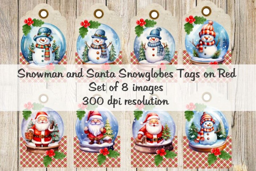 Snowman and Santa Snowglobe Tags on Red Collage Digital Images ...