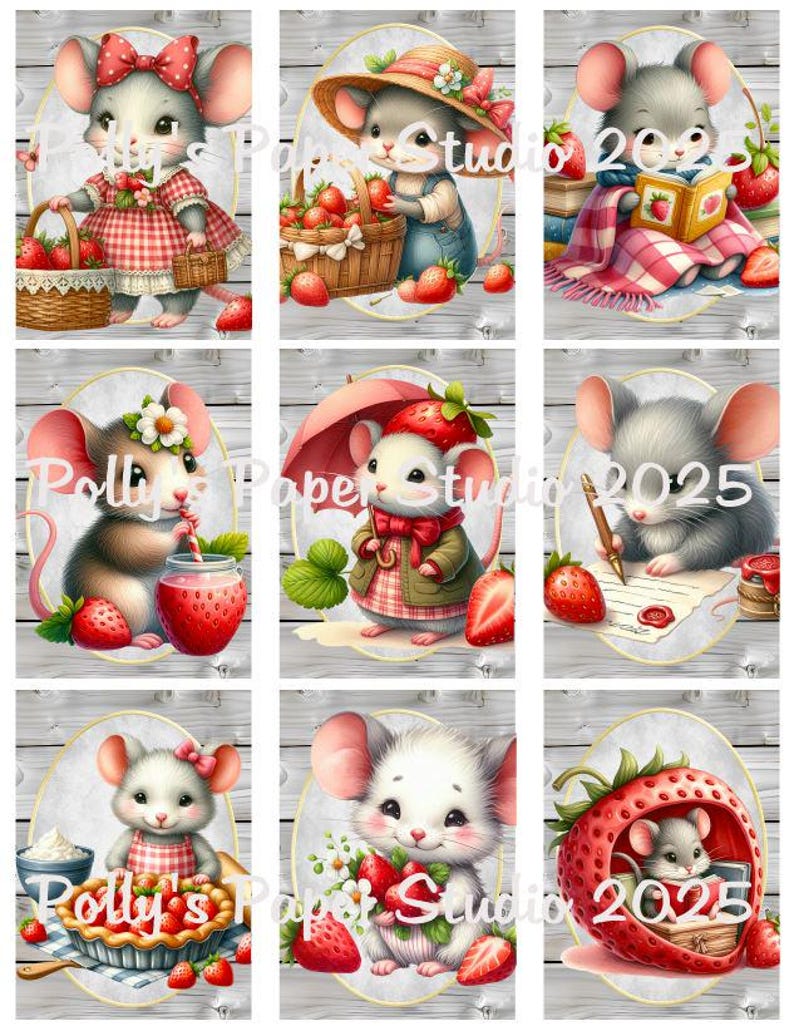 Strawberry Mouse Collage Digital Images Printable Download File 9 ...