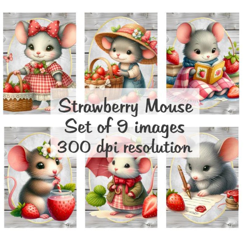 Strawberry Mouse Collage Digital Images Printable Download File 9 ...