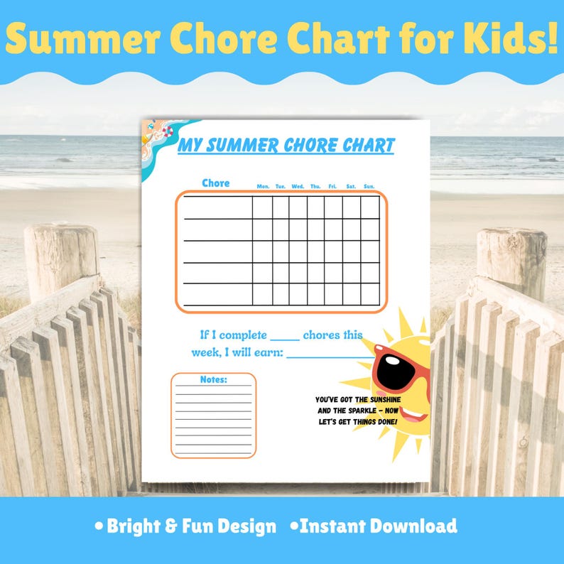 Summer Chore Chart for Kids – Printable Weekly Tracker (digital ...