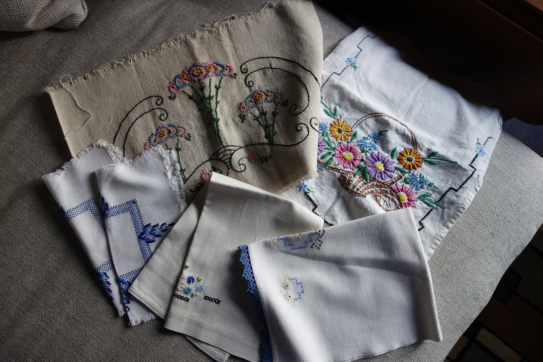 Lot of 6 Embroidered Mid Century Textiles Cotton and Linen/finished ...
