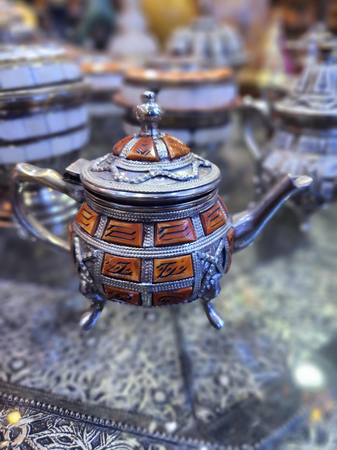 Handcrafted Moroccan Teapot – Vintage Silver Metal & Wood – Decorative ...