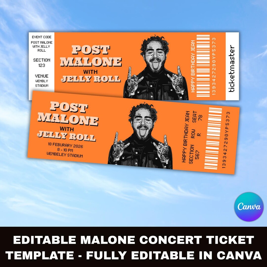 Editable Post Malone Concert Ticket 2025 Digital Download Memorabilia ...