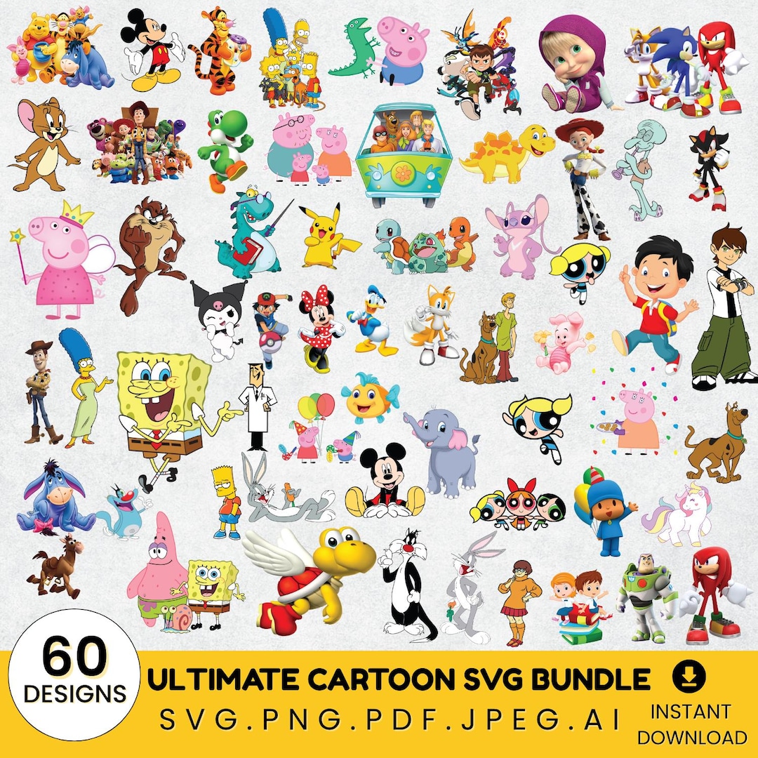Cartoon Mix PNG Bundle, 60 PNG, Cartoon Png, Svg, Printable Art ...