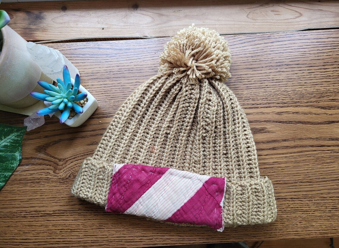 Beige Crotcheted Beanie Hat With 1920s Antique Quilt Patch, Entirely ...