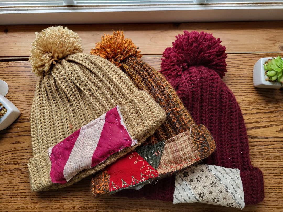 Beige Crotcheted Beanie Hat With 1920s Antique Quilt Patch, Entirely ...