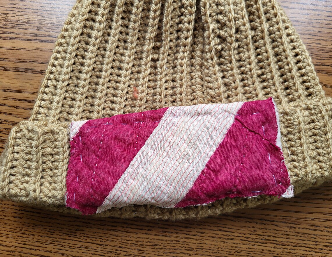 Beige Crotcheted Beanie Hat With 1920s Antique Quilt Patch, Entirely ...
