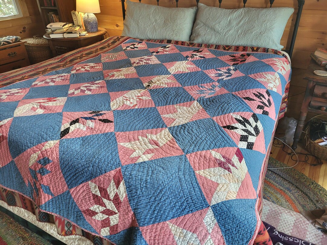 Antique Quilt, Late 1800s, Pink and Blue , Baptist Fan Quilting, Calico ...