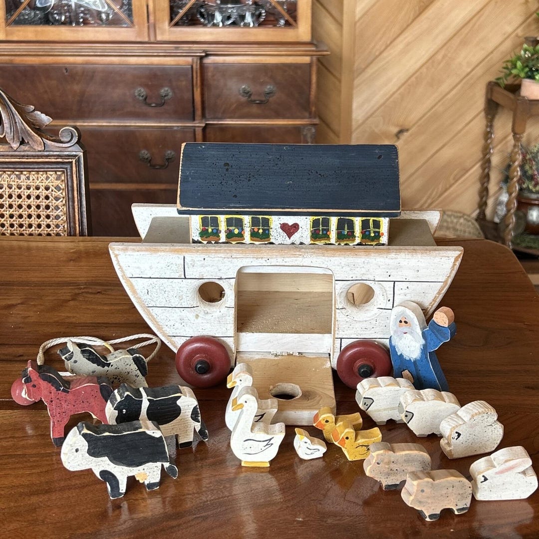 Noah's Ark Hand Painted Folk Art Signed Primitive 16 Animals Wood Pull ...