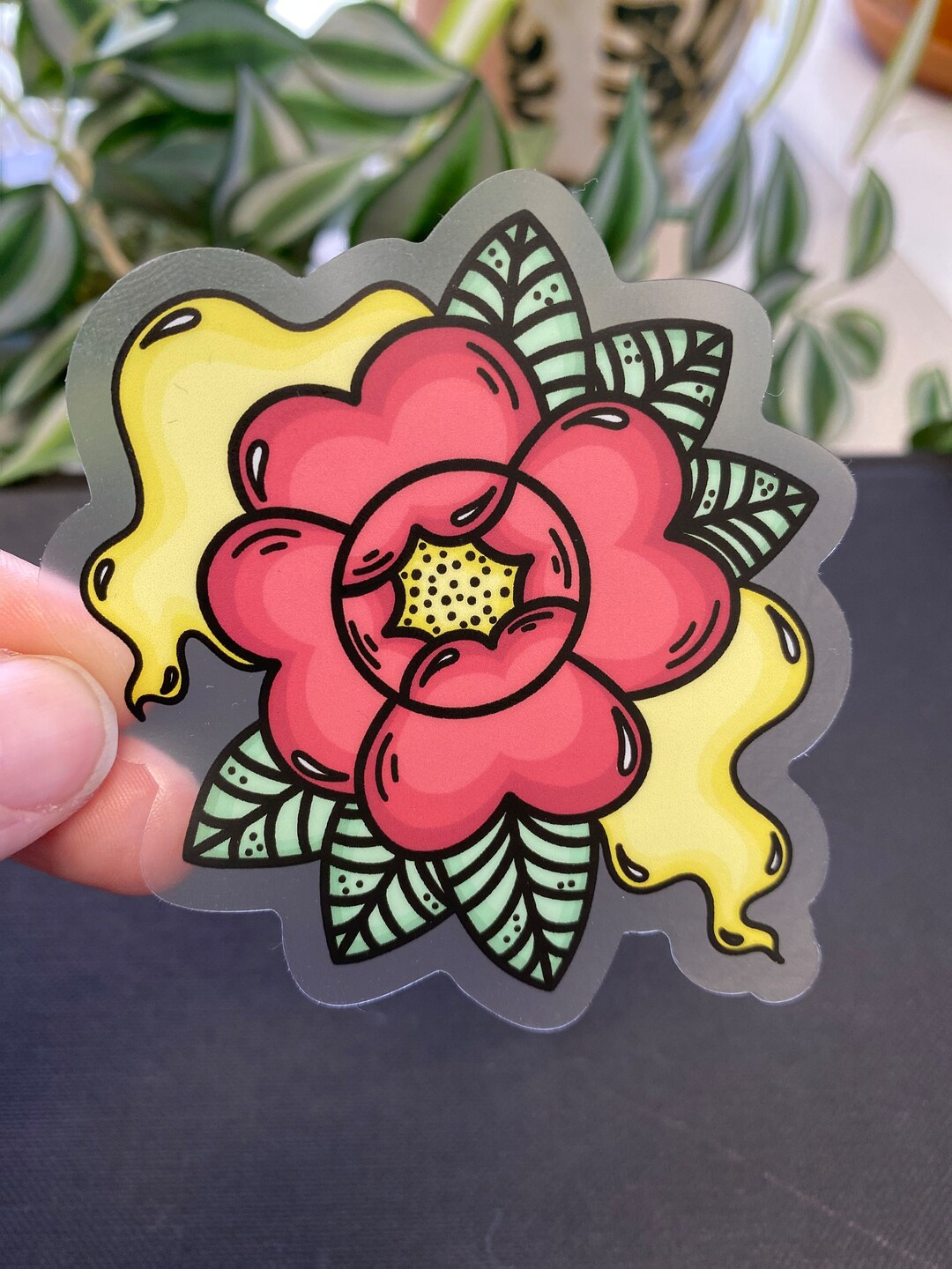 Traditional Tattoo Flower 3x3 Inch Waterproof Clear Vinyl Sticker Decal ...