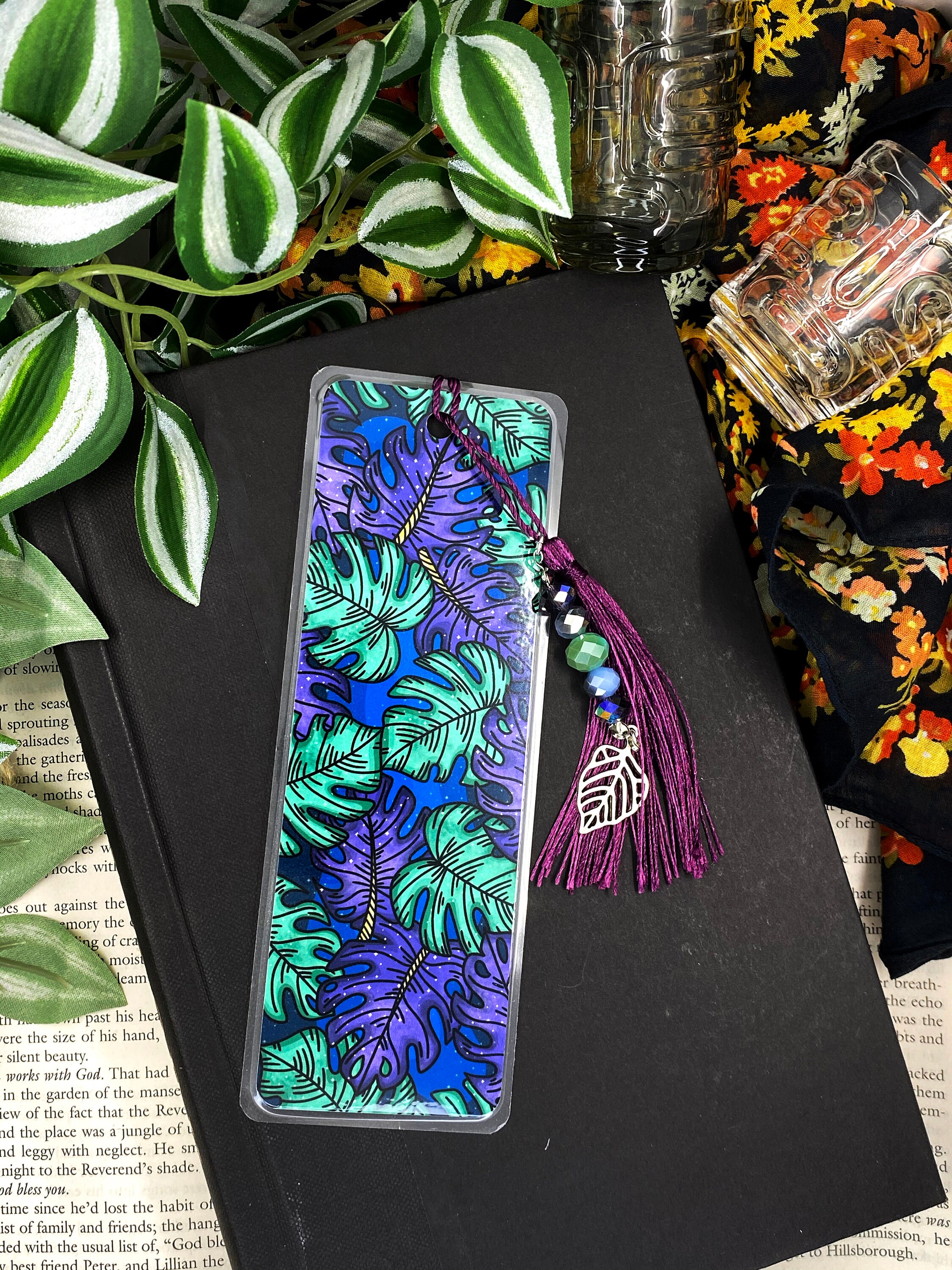 Mystical Monstera Leaf Tropical Star Floral Blue Purple Celestial ...