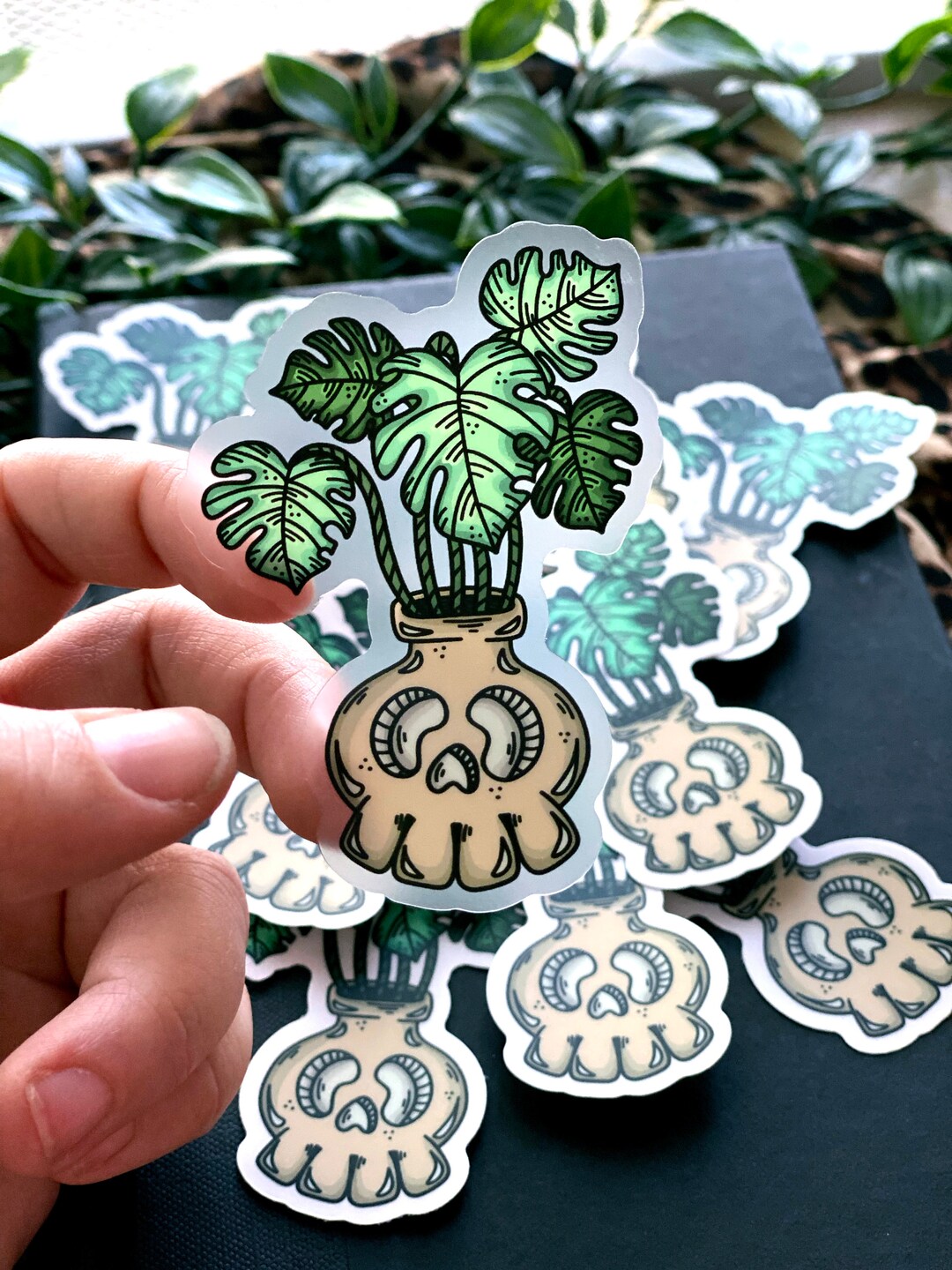 Little Skully Skull Tropical Plant Monstera Waterproof Clear 3x3 Vinyl ...