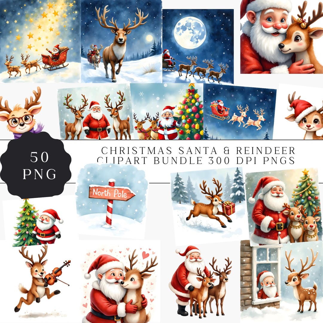 Santa and Reindeer Clipart Set, Christmas Watercolor Pngs (digital ...
